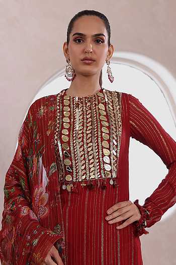 Buy Red Lurex Georgette Dhwani Mirrorwork Bodice Kurta Churidar Set For ...
