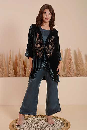 Buy Green Jacket: Velvet Glass Beads Hyacinth Bloom Embellished Pant ...