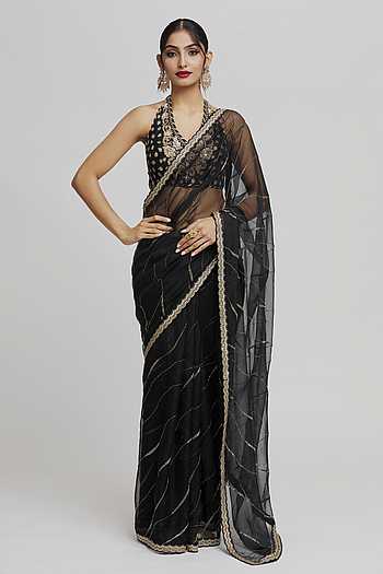 Buy Black Saree Organza Embroidery Marodi Rida Stripe With Blouse For ...