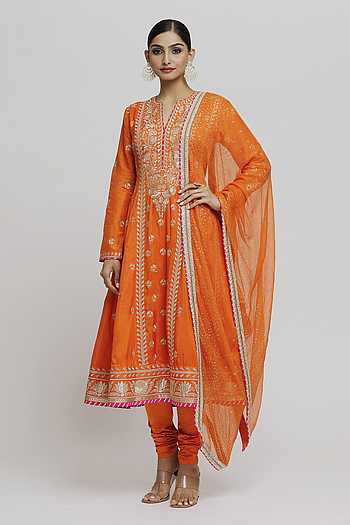 Buy Orange Anarkali - Tussar Embroidered Flower Notched Aarohi Set For ...