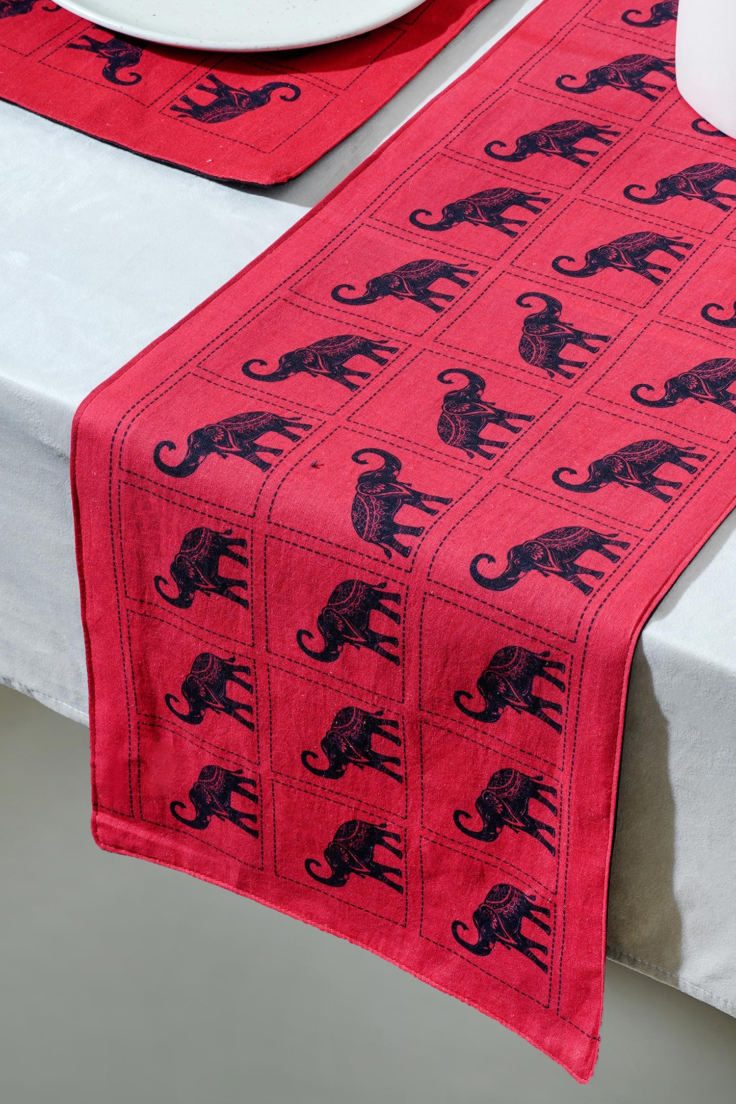 Buy Red 100% Cotton Printed The Majestic Elephant Table Runner by Mid ...