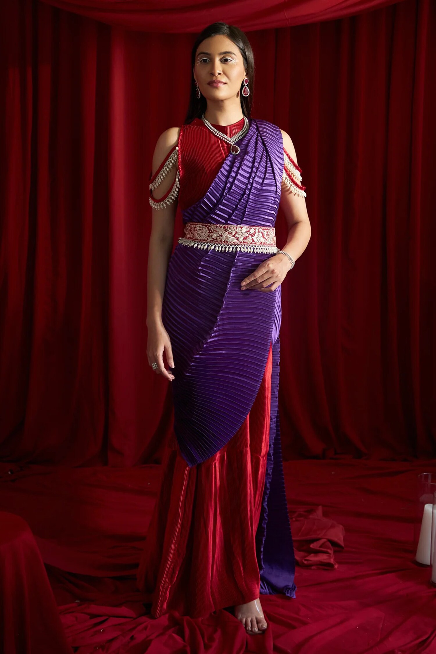 Buy Red Rich Pleated Silk Embroidered Reyna Sleeve Gown Saree With Belt ...