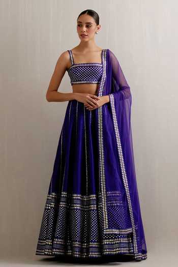 Buy Blue Lehenga And Blouse: Raw Silk Embroidery Sequin Stripe Pattern ...