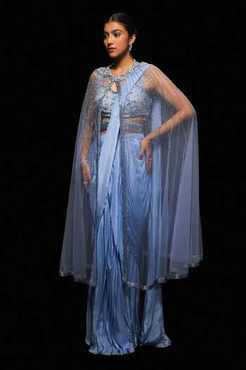 Buy Blue Crepe Nalki Embroidery Celesti Starlet Cape Pre-draped Saree ...