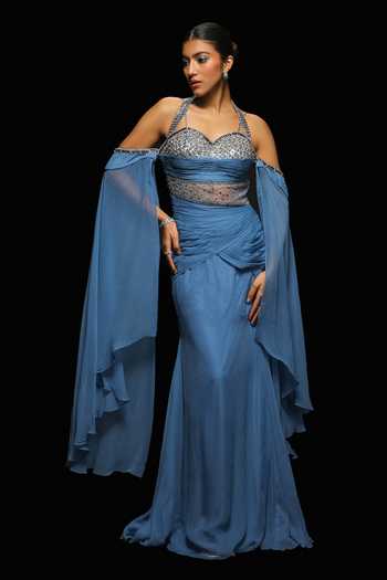 Buy Blue Georgette Nalki Luminara Extravagant Sleeve Draped Gown For ...