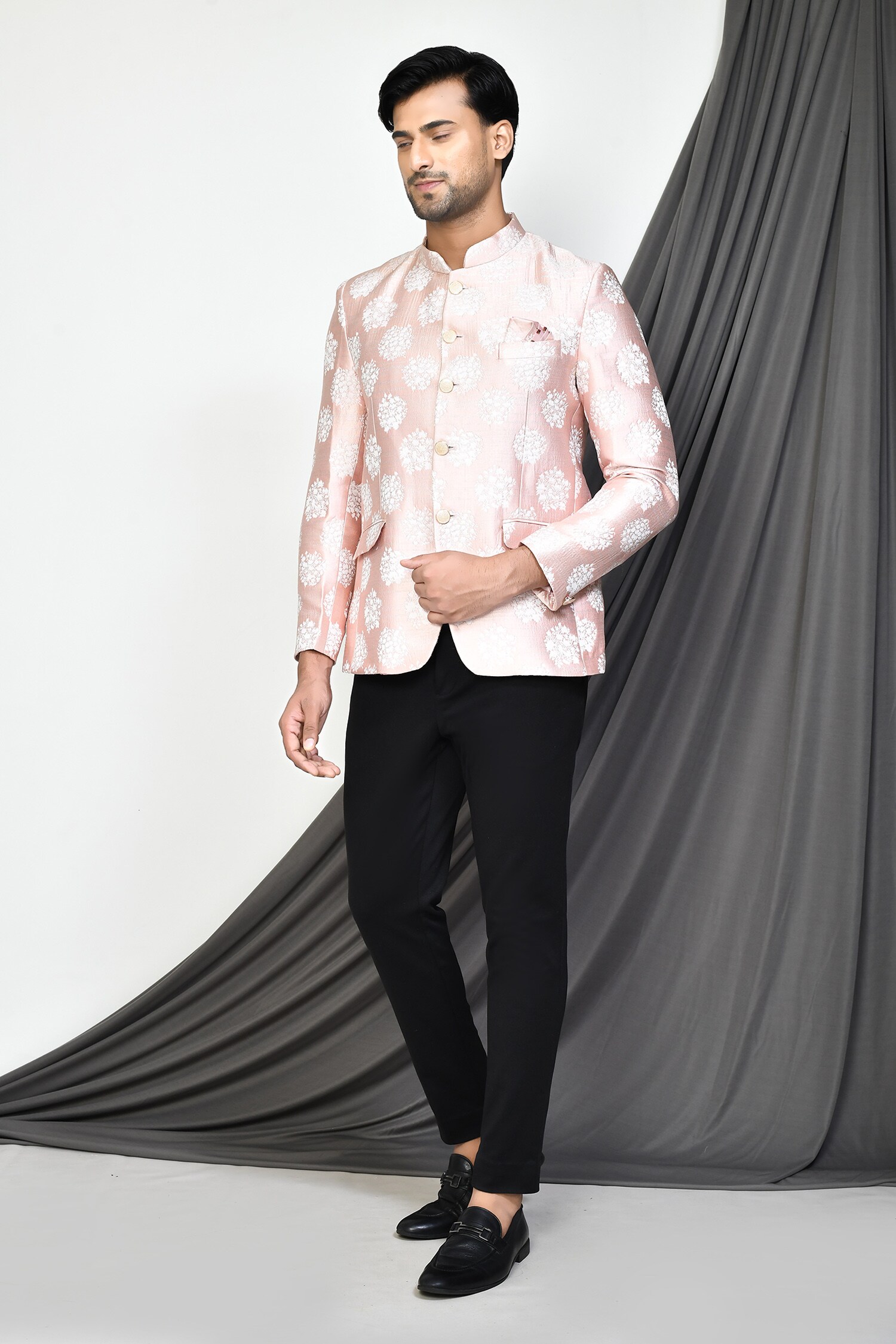 Buy Pink Jacquard Brocade Floral Butti Pattern Bandhgala For Men by ...