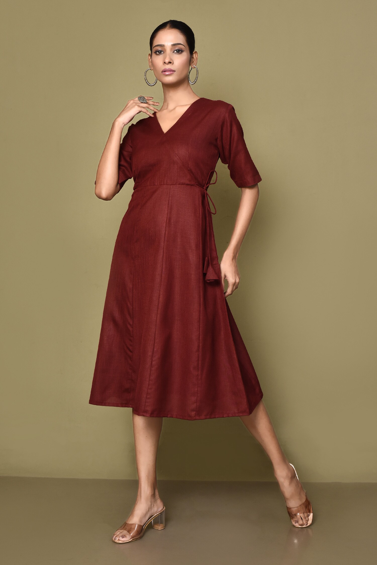 Buy Maroon Slub Cotton Plain V Neck Solid Side String Tie Up Midi Dress ...