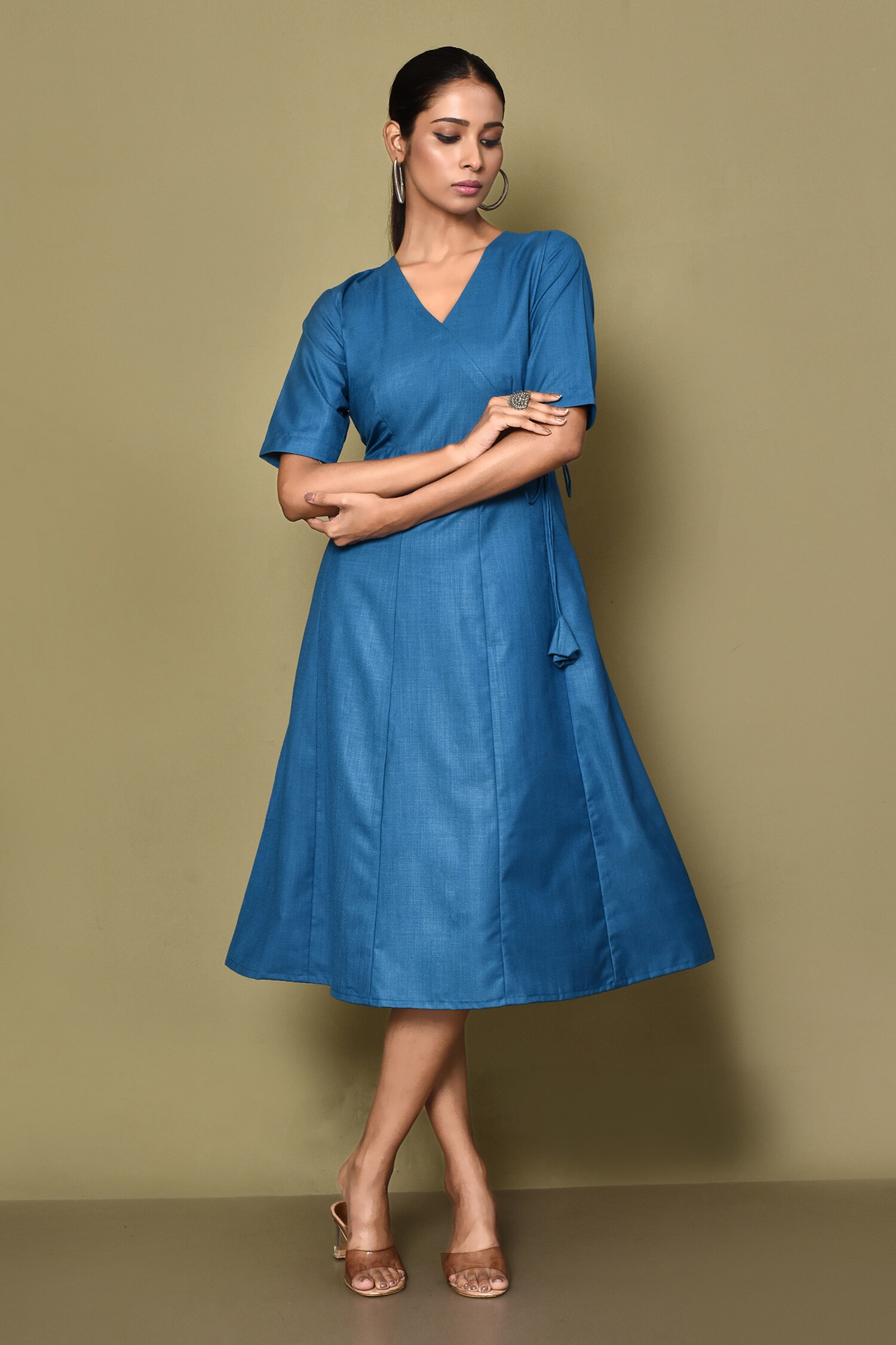 Buy Yellow Slub Cotton Plain V Neck Panelled Fit And Flare Midi Dress ...