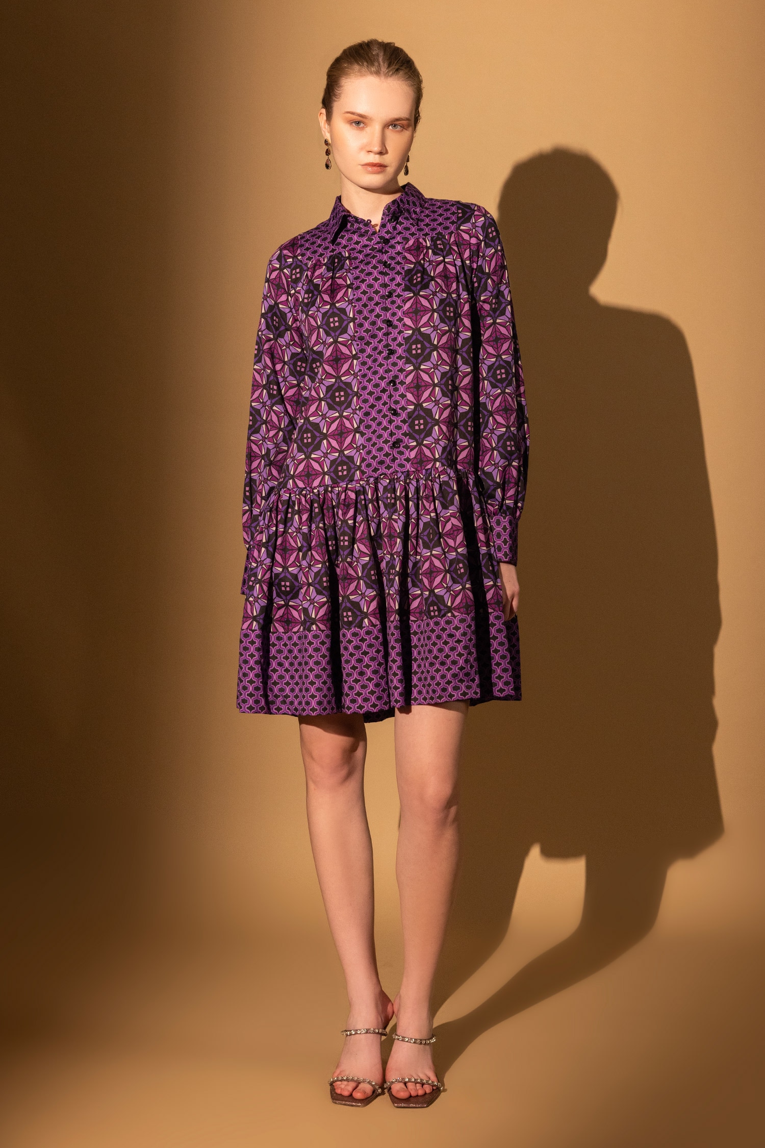 Buy Purple Soft Cotton Satin Printed Abstract Collar Sharp Shirt Dress ...