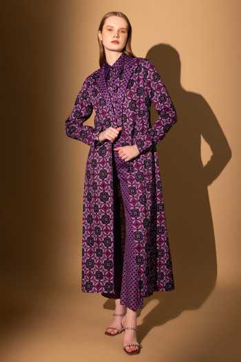 Buy Purple Soft Cotton Satin Printed Abstract Lapel Sharp Overcoat For ...