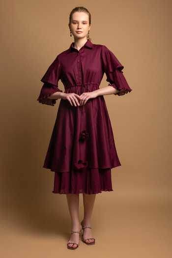 Buy Purple 100% Cotton Satin Solid Collar Sharp Layered Dress For Women ...