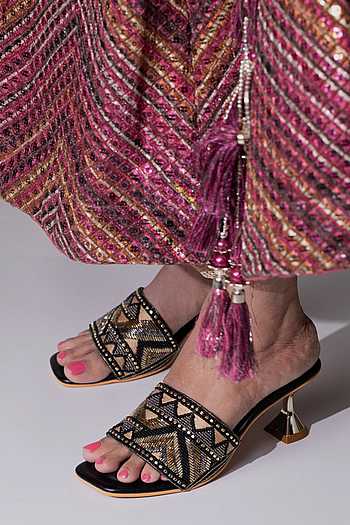 Buy Black Embellished Cutdana Embroidered Pyramid Heels by Tic Tac Toe ...