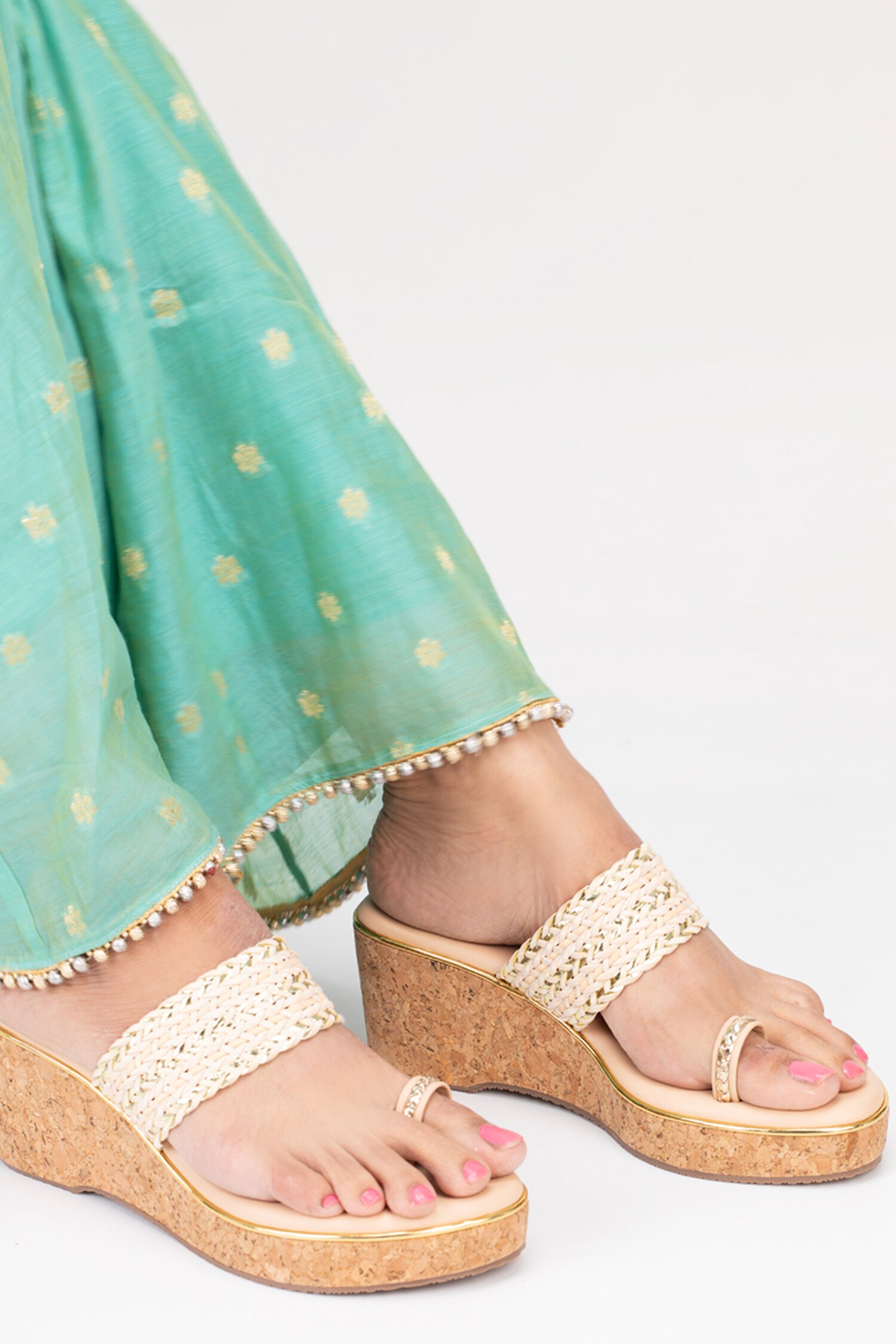 Buy Beige Herringbone Lace Textured Strap Wedges by Tic Tac Toe ...