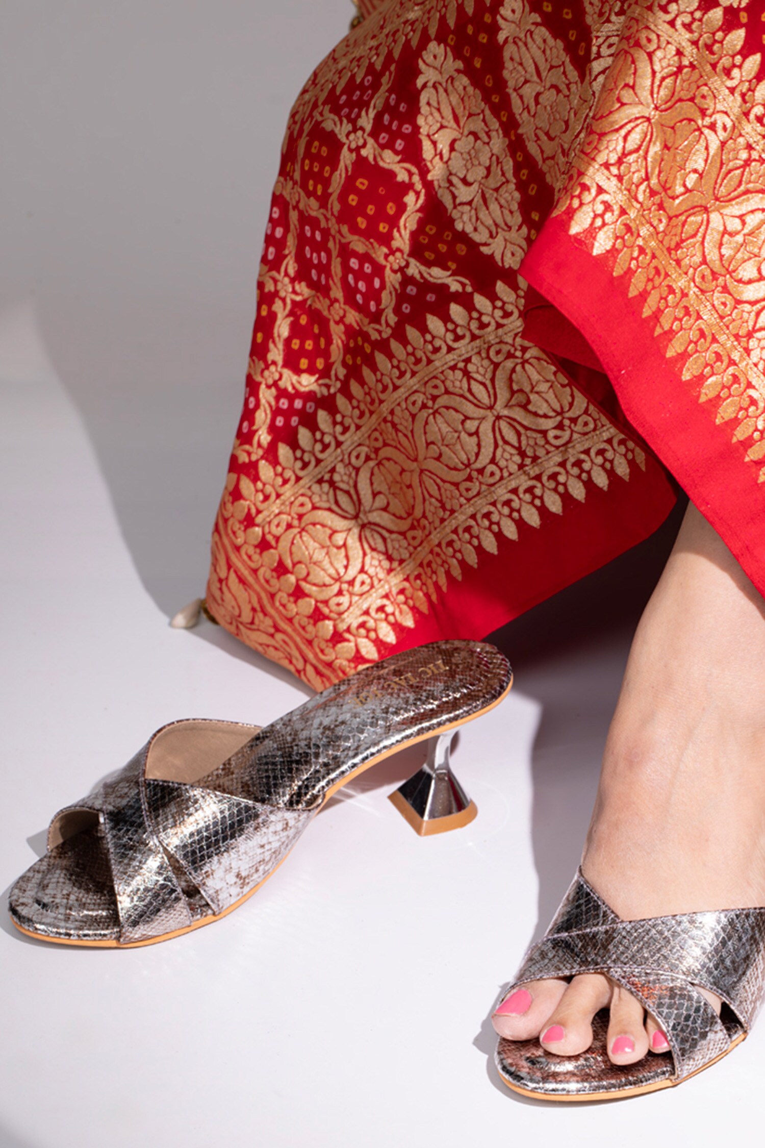 Buy Silver Animal Skin Cross Strap Pyramid Wedges by Tic Tac Toe ...