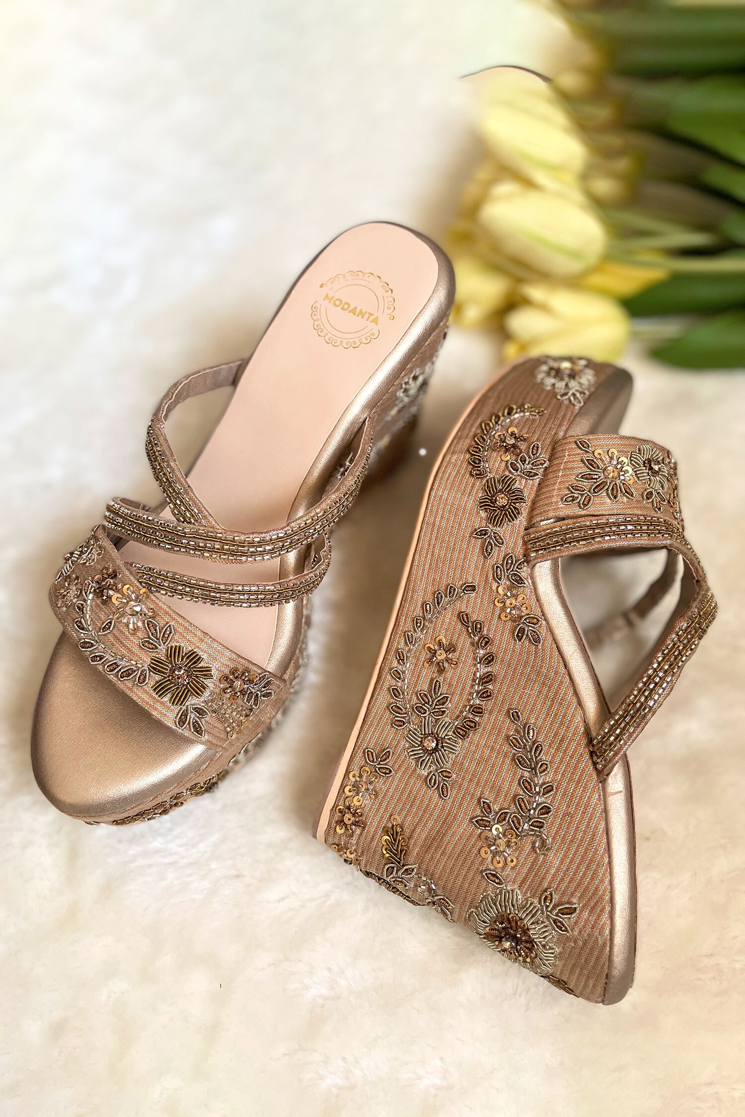 Buy Gold Embroidered Antique Floral Wedges by Modanta Footwear Online ...