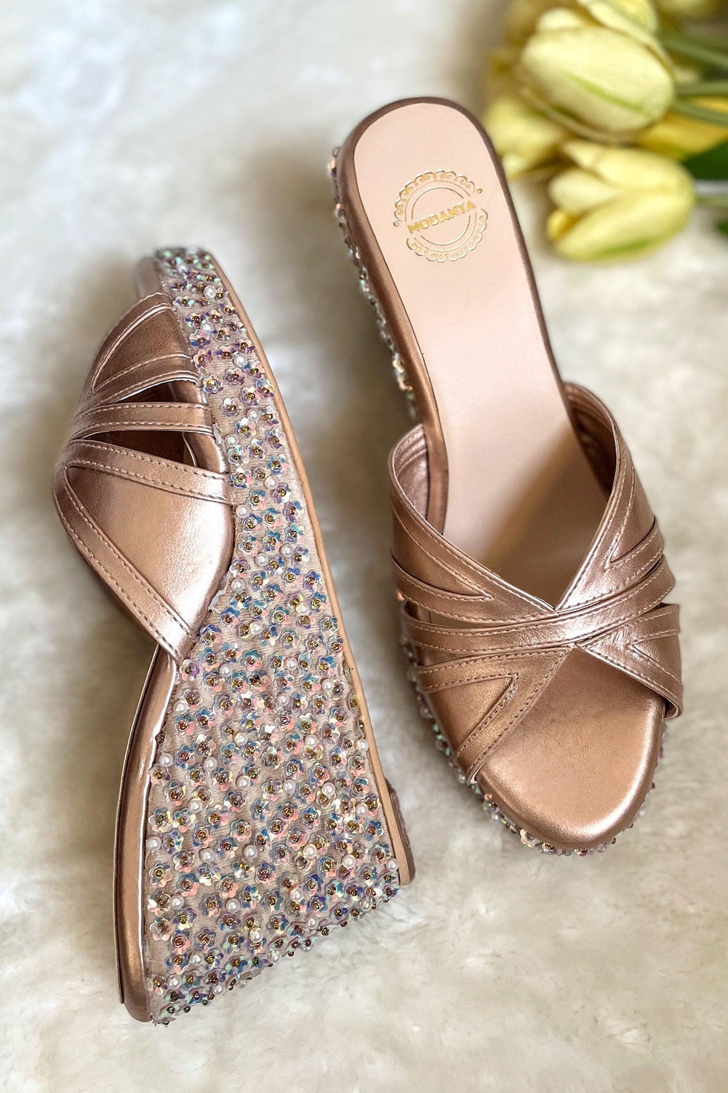Buy Pink Embellished Floral Sequin Wedges by Modanta Footwear Online at ...