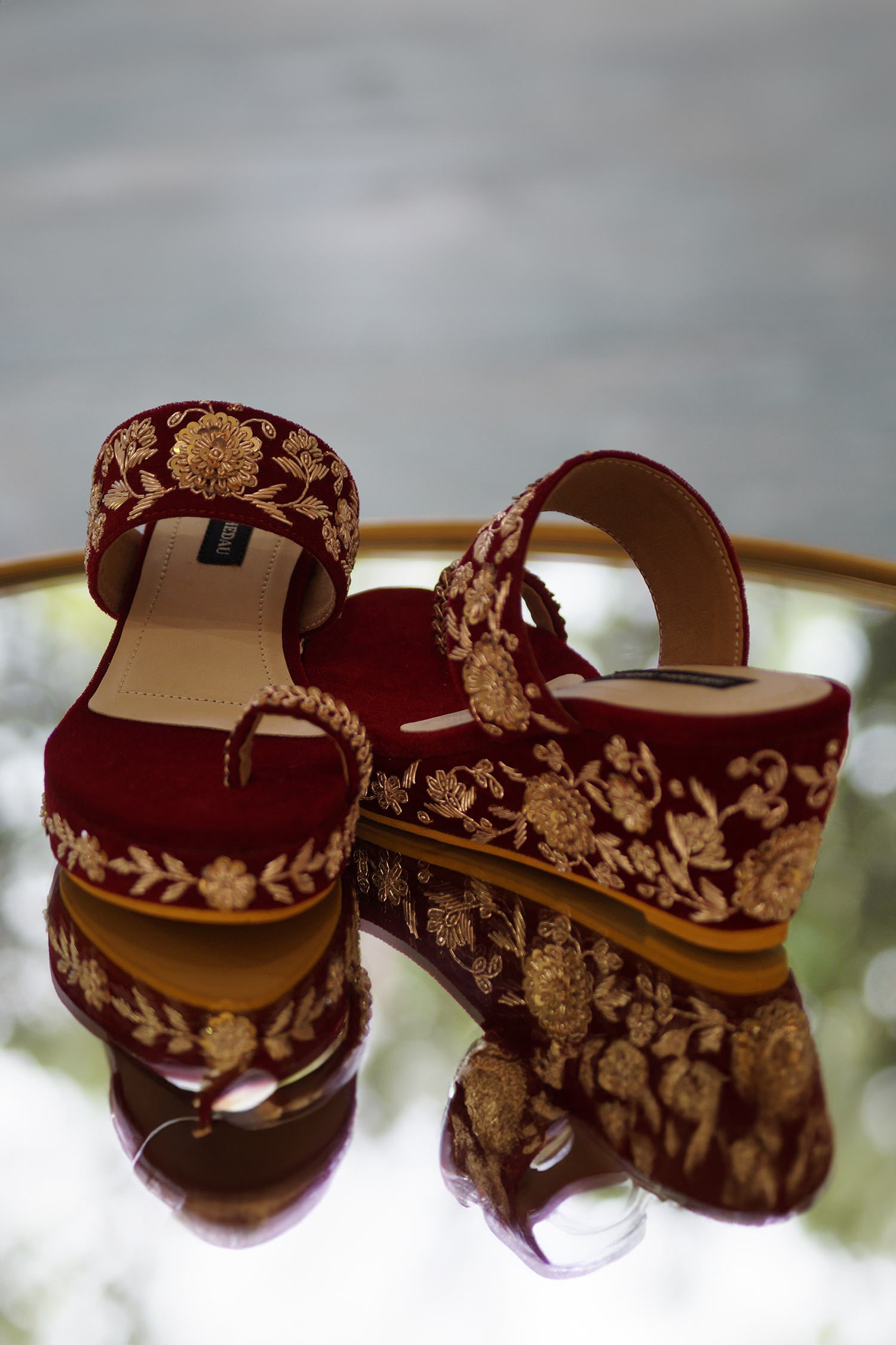 Buy Maroon Embroidery Ezra Zardozi Work Wedges by Shradha Hedau ...