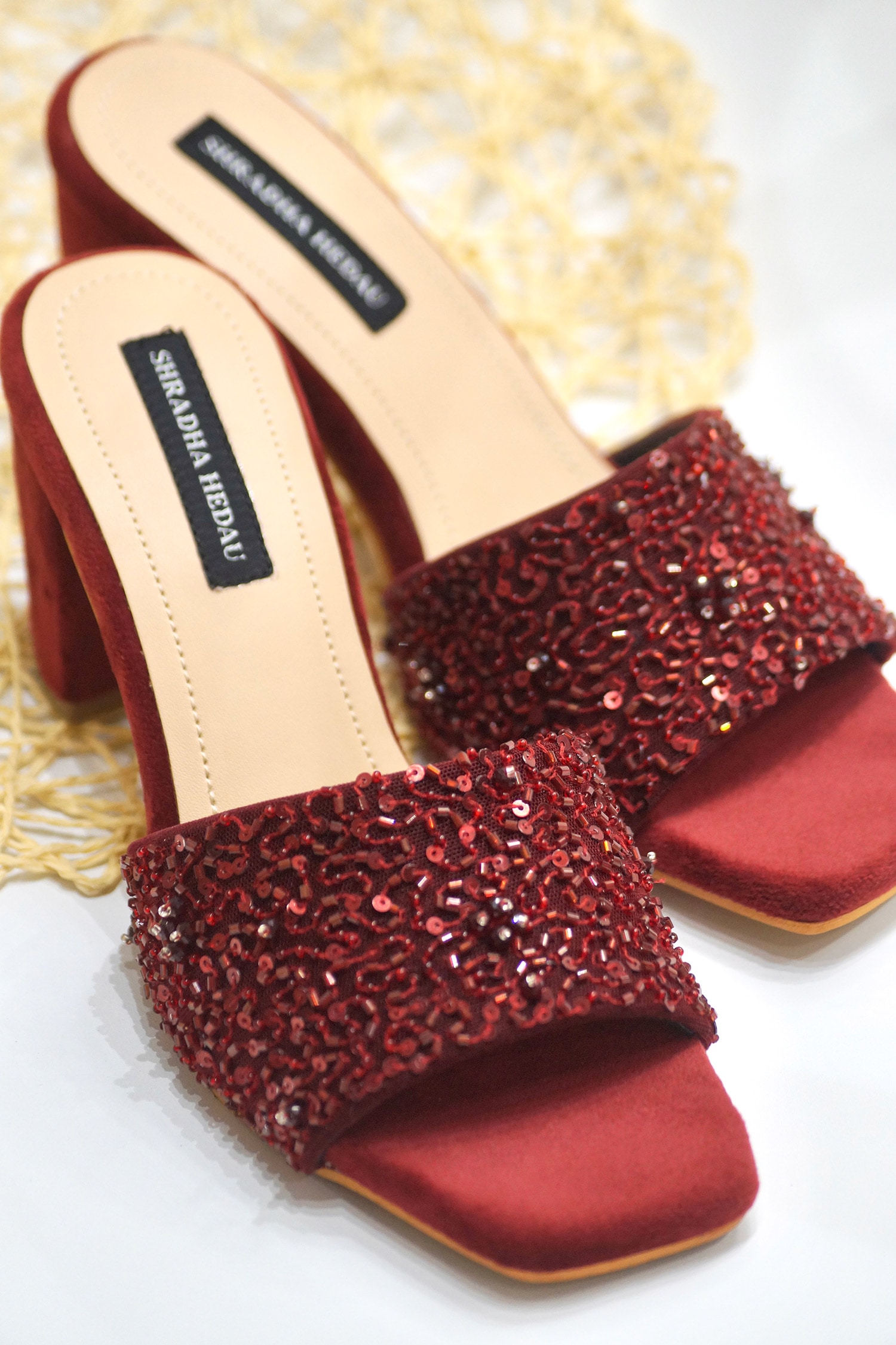 Buy Maroon Sequins Elora Embellished Block Heels by Shradha Hedau ...