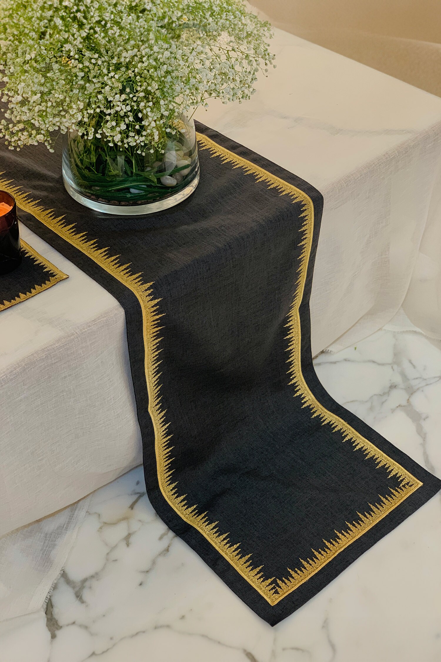 Buy Black Cotton Linen Embroidered Zig Zag Table Runner by MJ Label Online at Aza Fashions.