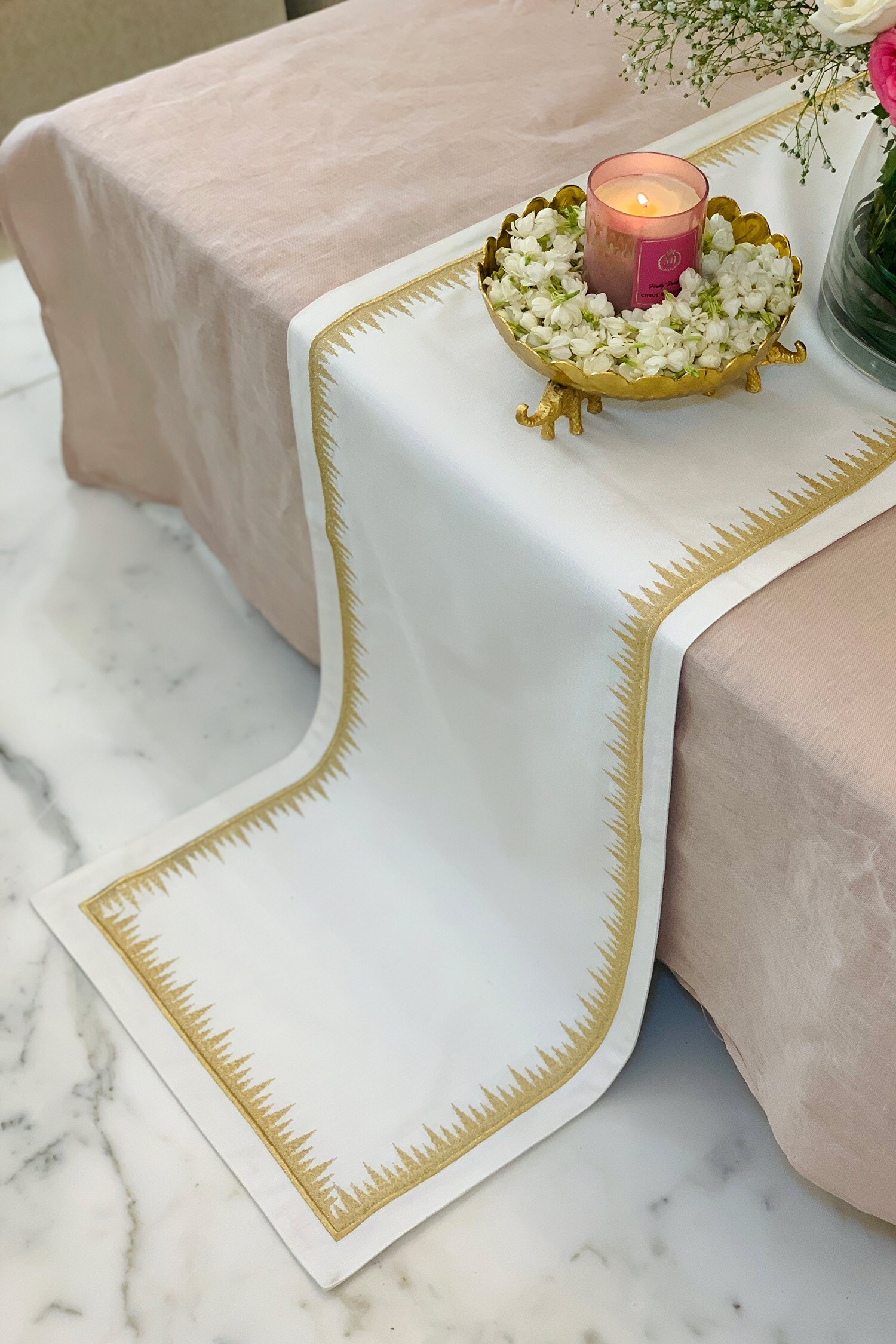 Buy Gold Cotton Linen Embroidered Zig Zag Pattern Table Runner by MJ Label Online at Aza Fashions.