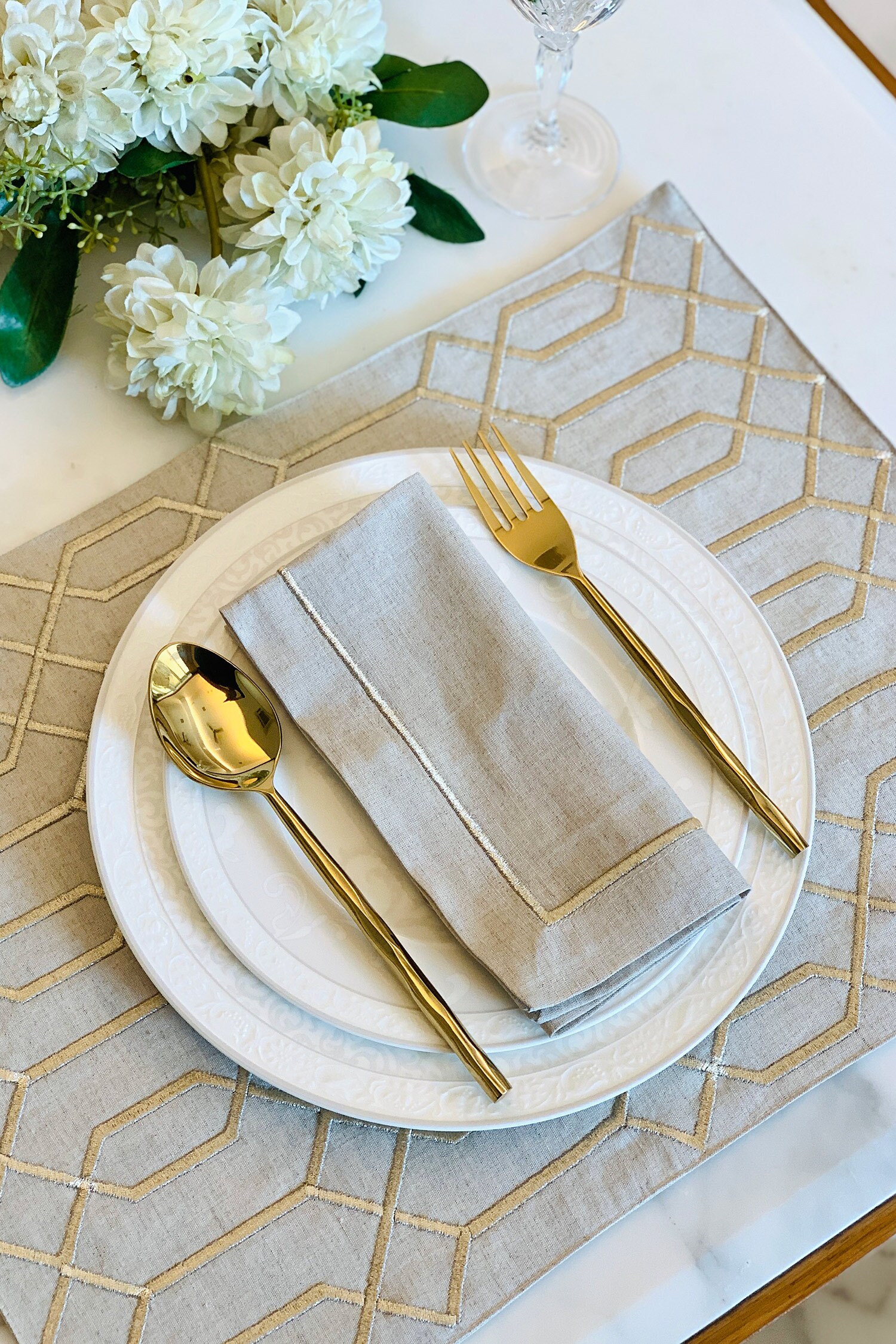Buy Beige Cotton Linen Embroidered Geometric 6 Pcs Table Mats by MJ ...