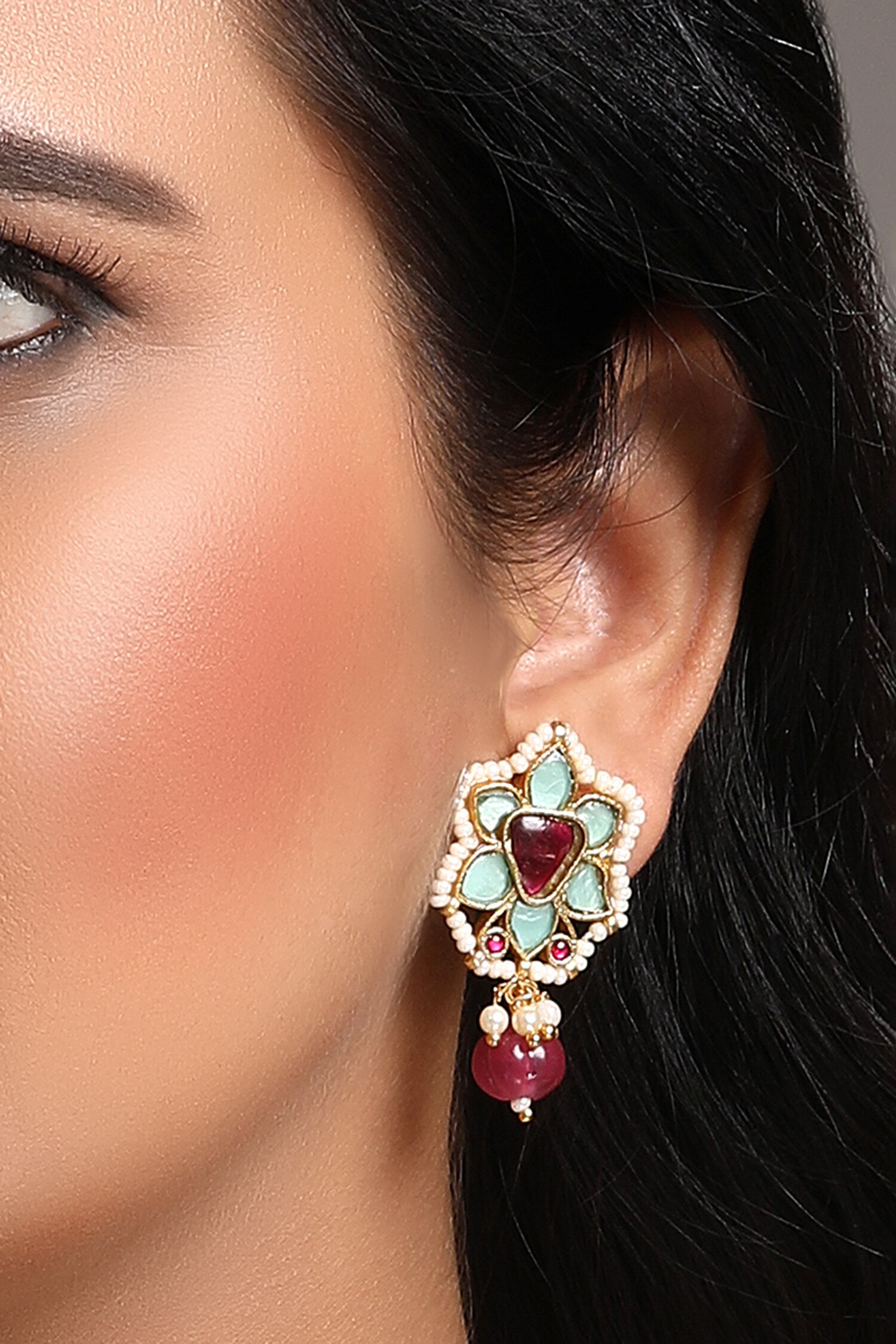 Buy Multi Color Hydro Phiroza And Ruby Floral Pearl Embellished ...