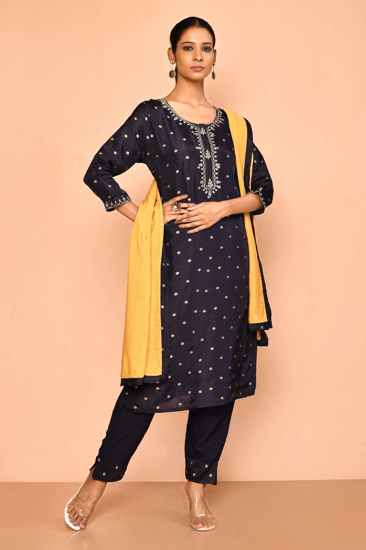 Buy Blue Kurta Upada Silk Embroidered Thread Butti Patterned Pant Set ...