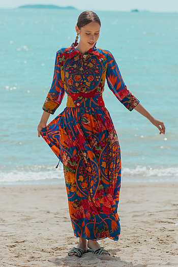 Buy Blue Crepe Embroidered Collared Floral Pattern Jumpsuit For Women ...
