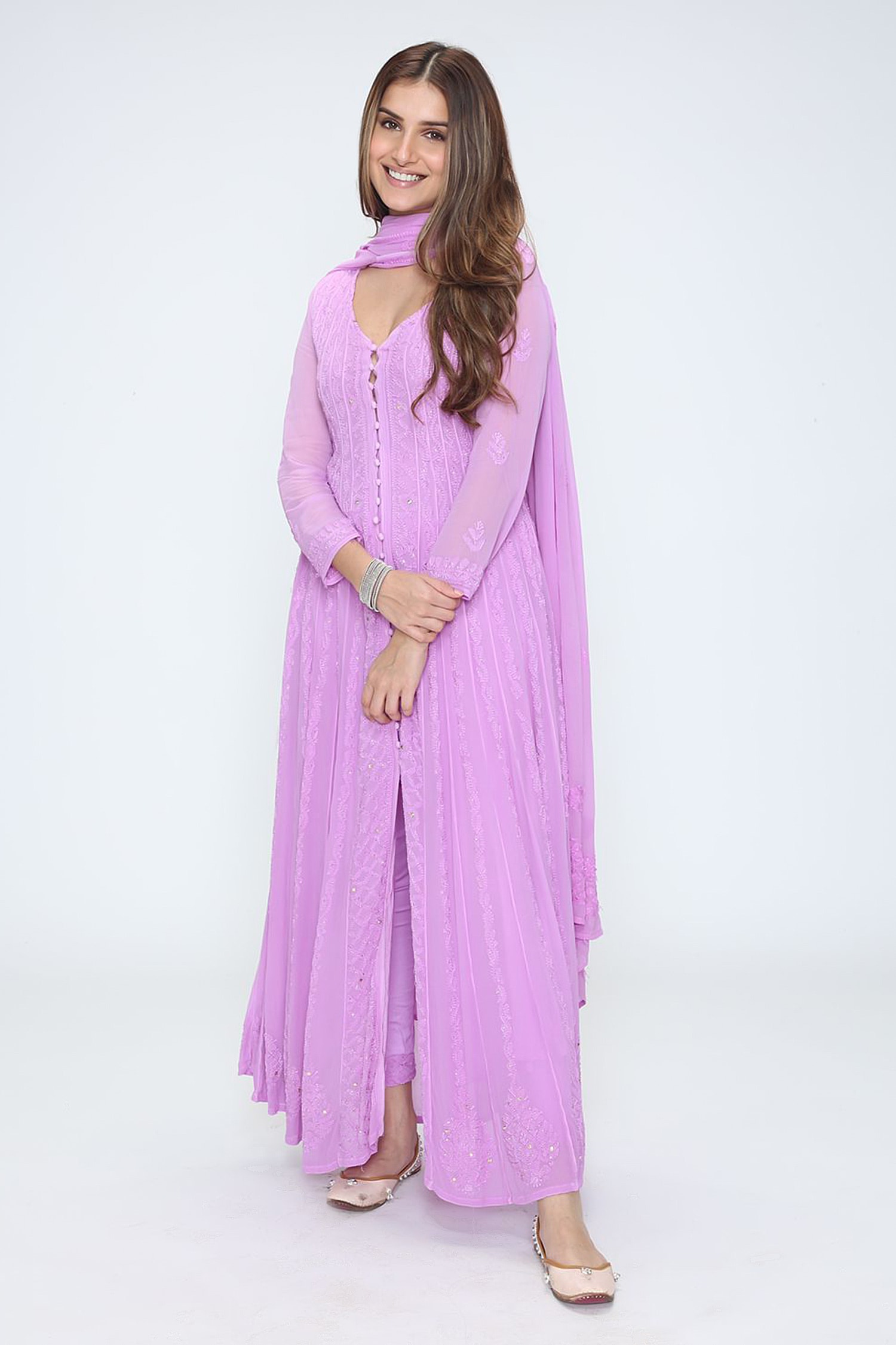 Buy Purple Georgette Hand Embroidered Chikankari Resham Lily Yoke Anarkali Set For Women by ...