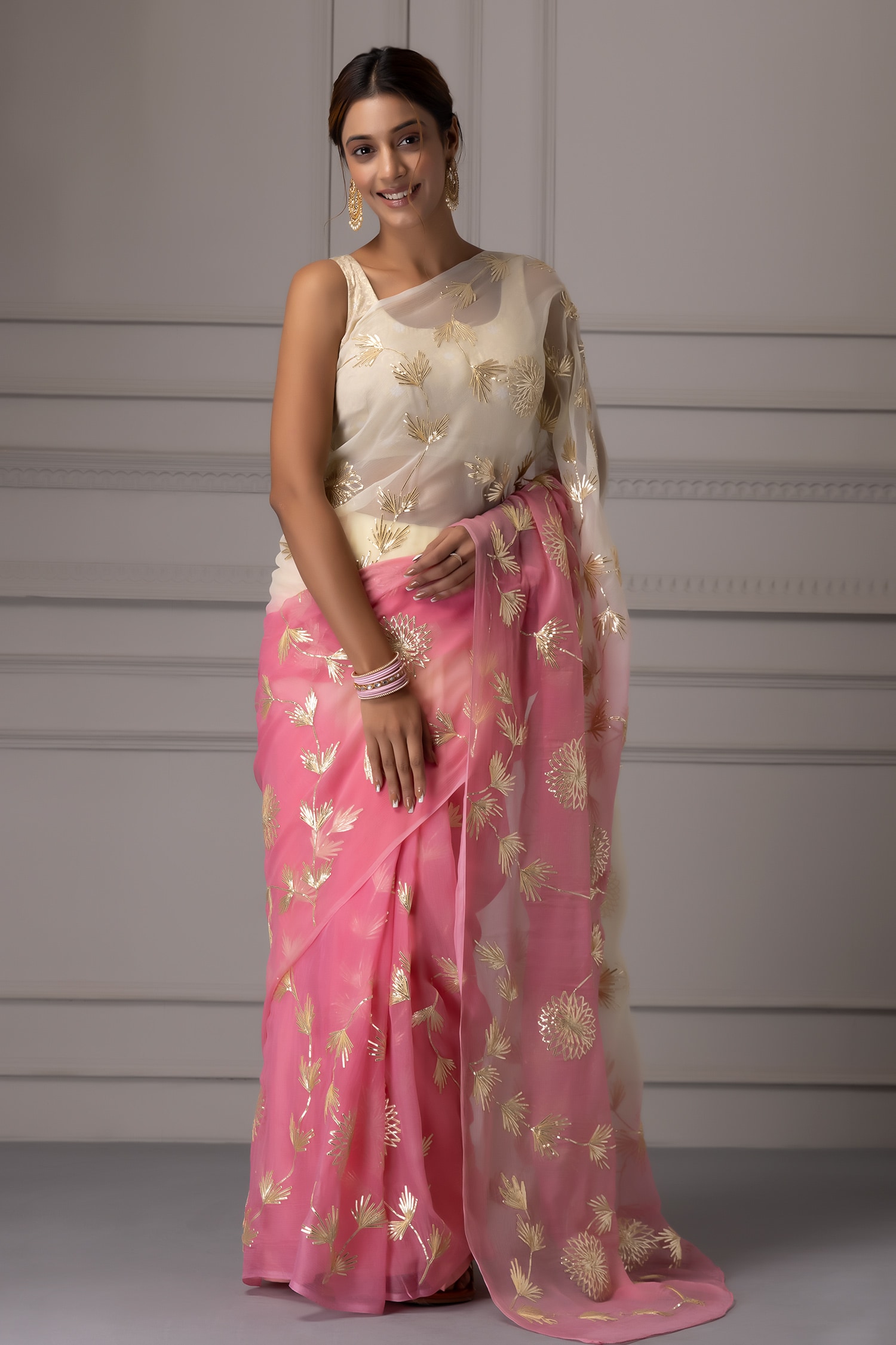 Buy Pink Saree: Chiffon Hand Floral With Unstitched Blouse Piece For ...