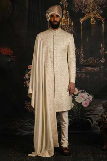 Buy Pink Silk Embroidered Floral Sherwani Set For Men by Punit Arora ...