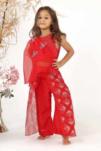Buy Red Silk Embellished Pearl Embroidered Draped Top And Palazzo Set ...