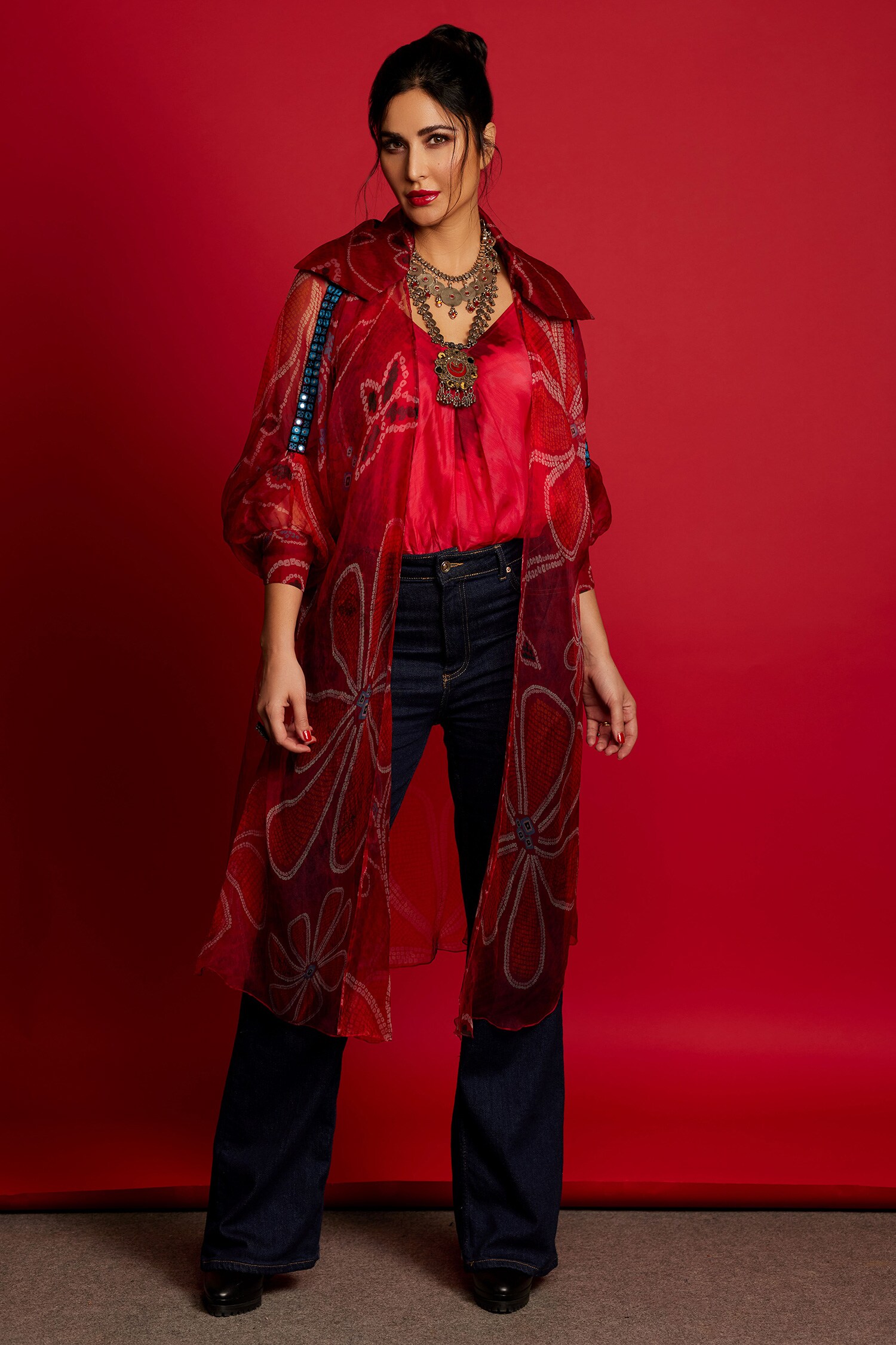 Buy Orange Organza Print Floral Shirt Collar Flared Cape For Women by ...