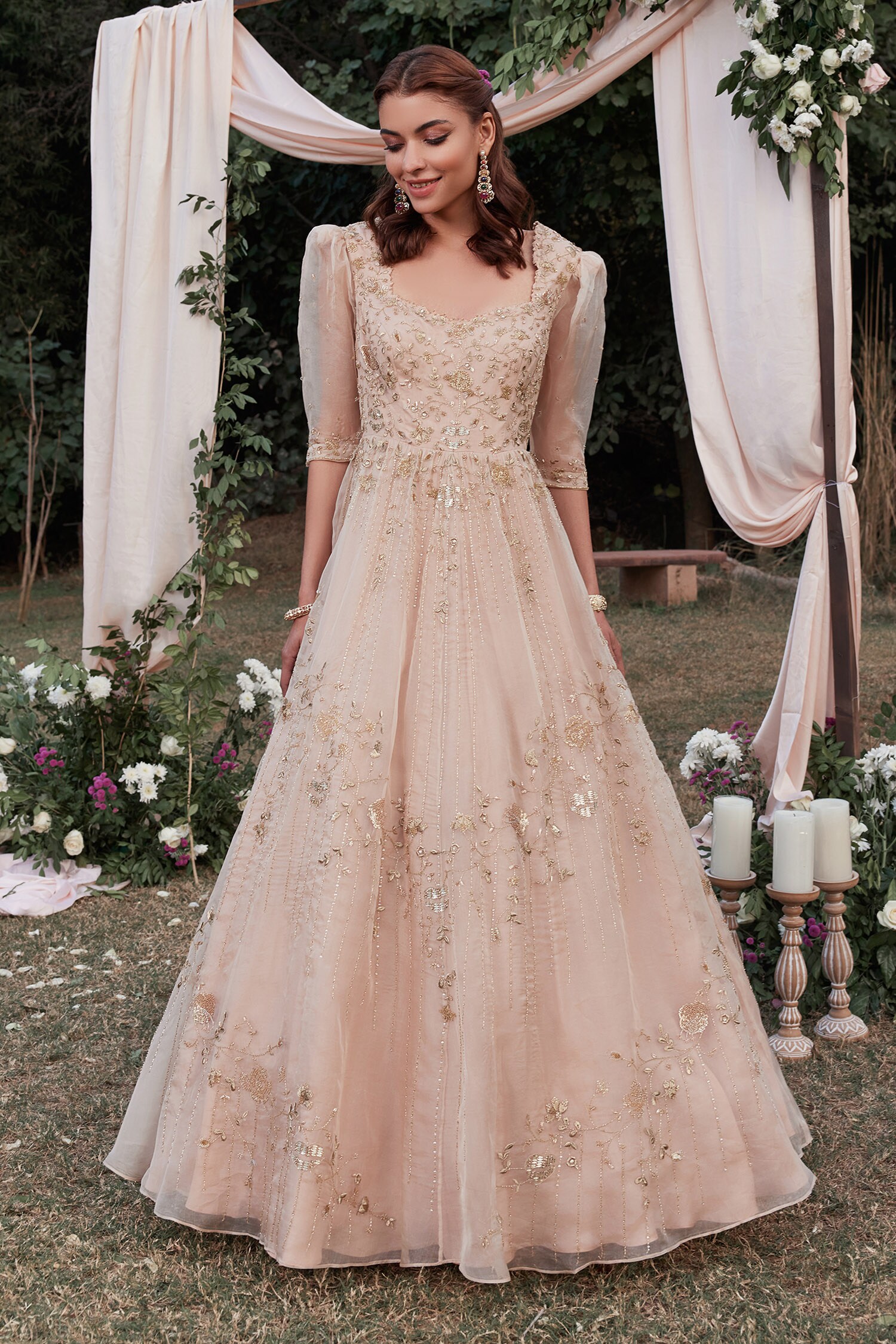 Buy Beige Organza Embroidered Stone Sweetheart Floral Vine Pattern Gown ...