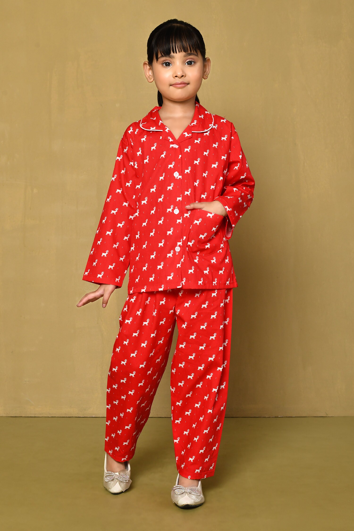 Buy Red Cotton Printed X-mas Reindeer Xmas Night Suit Set For Girls by ...