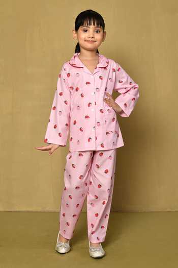 Buy Pink Cotton Printed Popcorn Strawberry Night Suit Set For Girls by ...