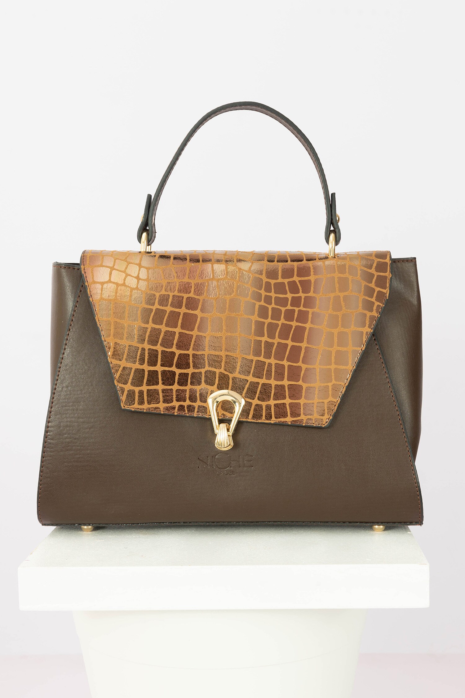 Buy Brown Snake Skin Pattern Satchel Bag by THE NICHE LABEL Online at ...