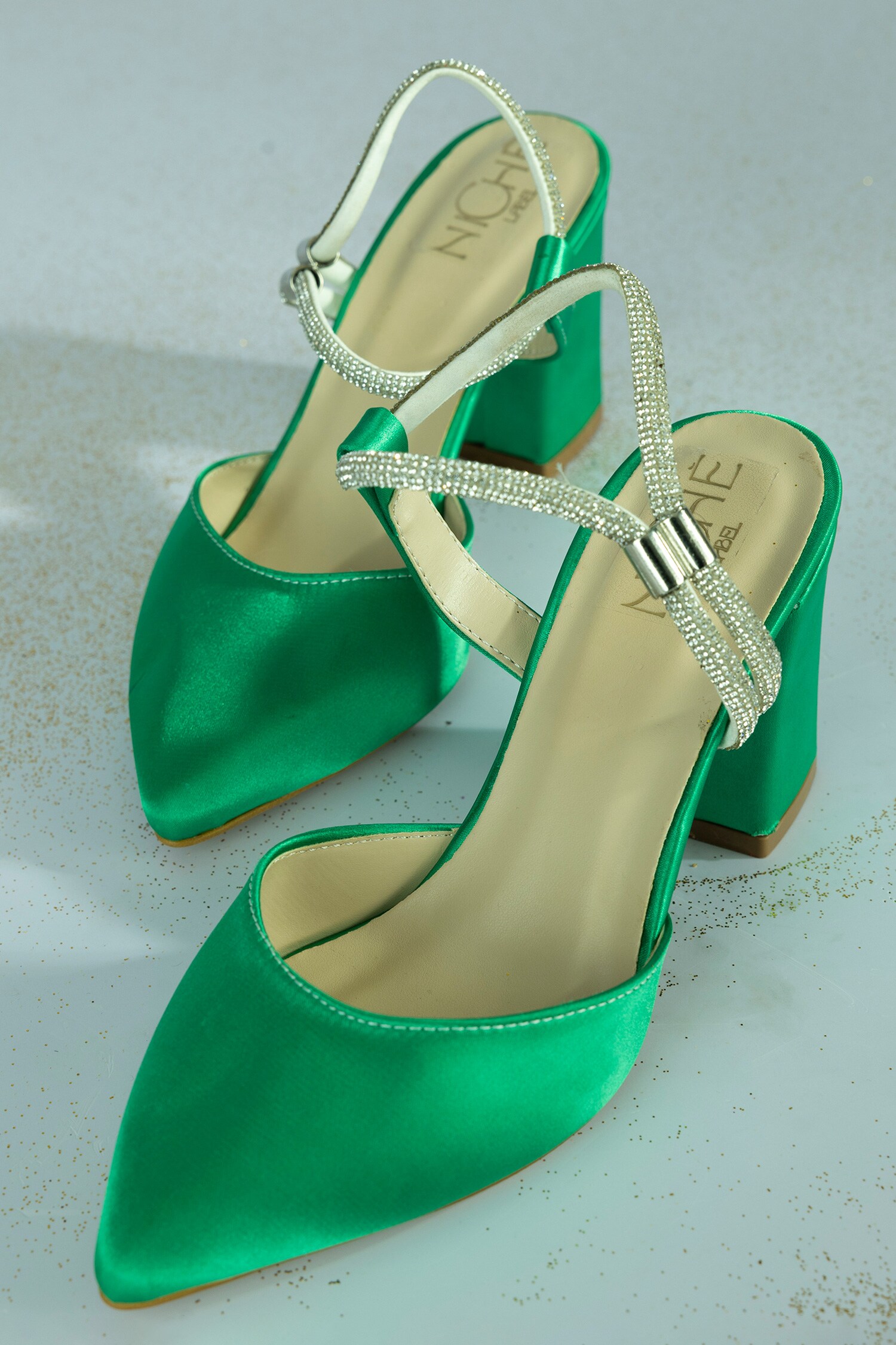 Buy Green Stone Embellished Frida Strap Block Heels by THE NICHE LABEL ...