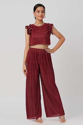 Buy Maroon Poly Knit Embellished Pearls Pleated Crop Top Pant Co-ord ...
