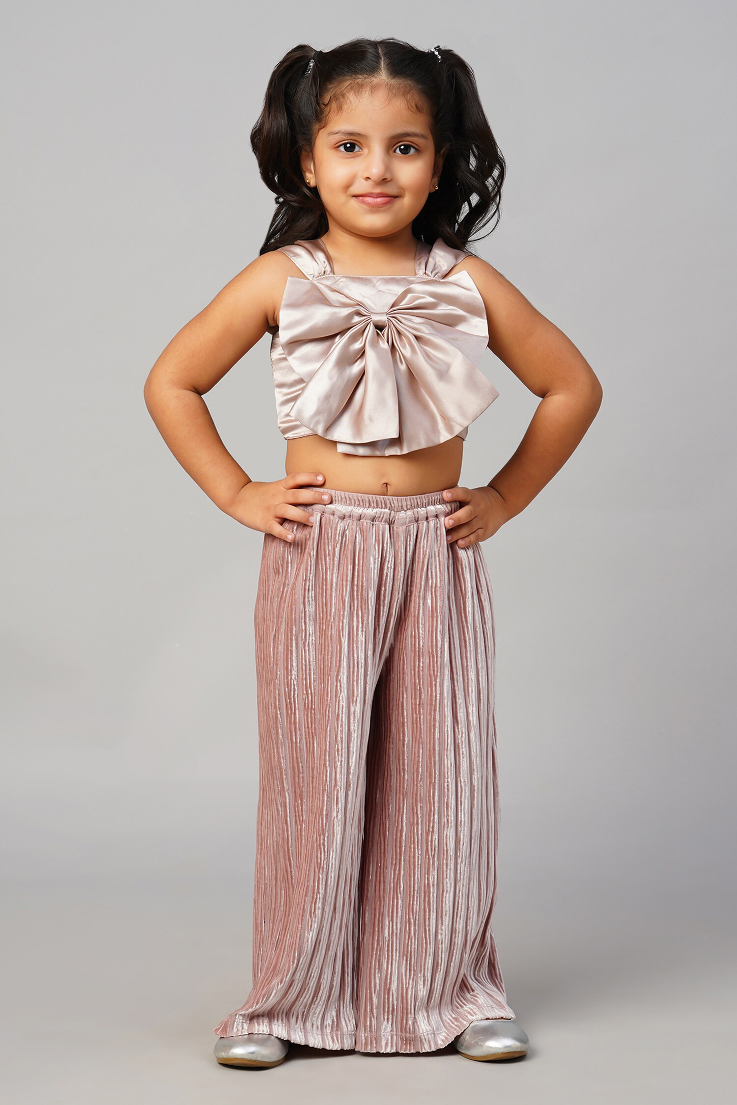 Buy Grey Satin Plain Bow Top And Pant Set For Girls by LIL DRAMA Online ...