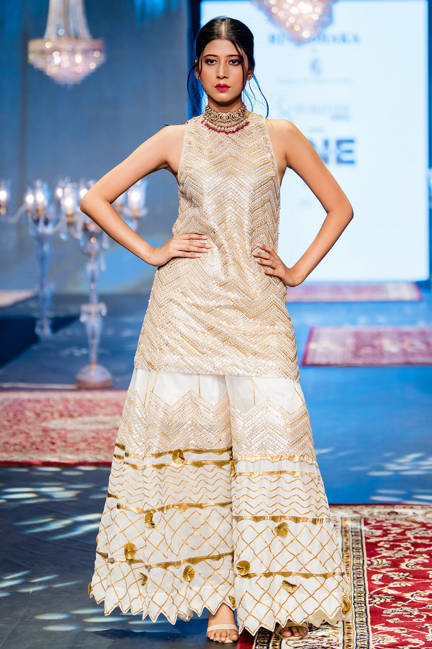 Buy Off White Organza Embroidery Chevron Sequin Blaze Kurta Sharara Set For Women by Rina Dhaka ...