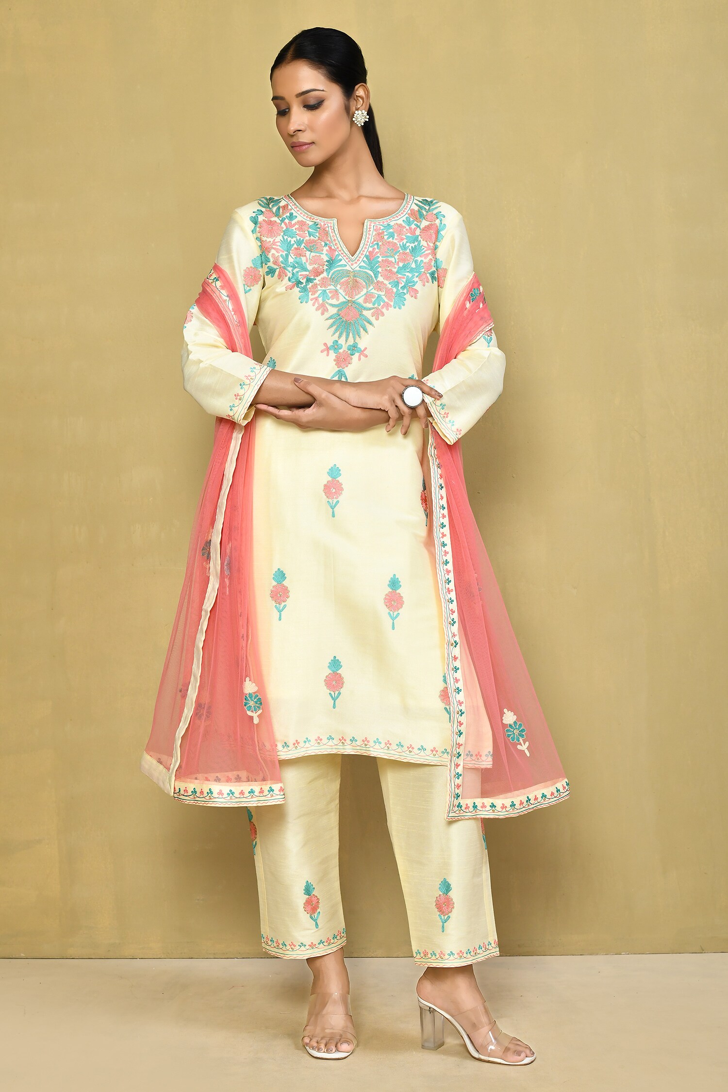 Buy Cream Raw Silk Embroidered Resham Thread Notched Kurta Set For ...