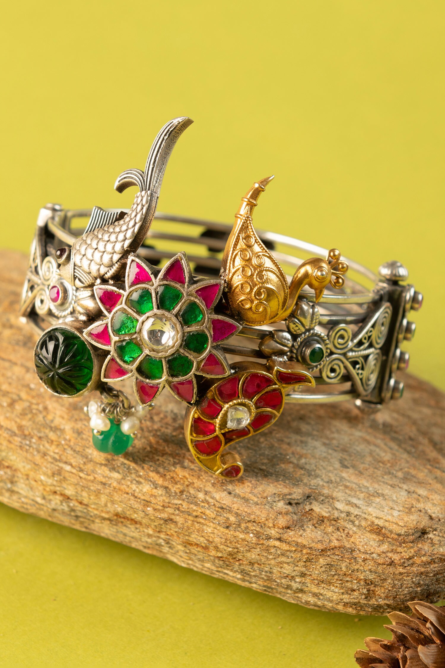 Buy Gold Plated Kundan Fish And Bird Carved Kada by Mero Jewellery ...