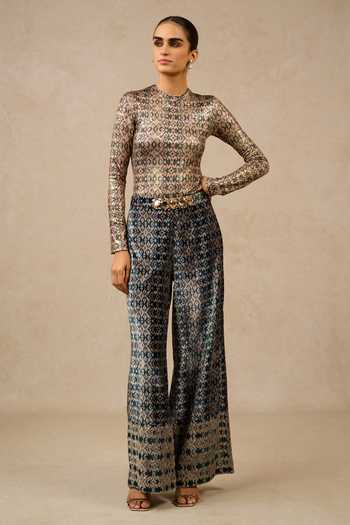 Buy Black Velvet Digital Printed Abstract Crew Metallic Top And Trouser ...