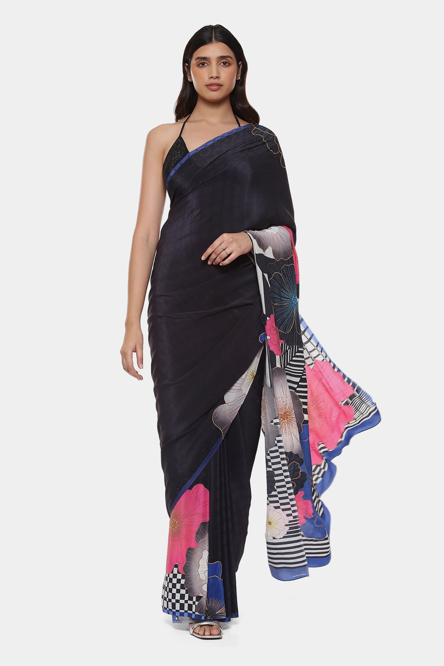 Buy Black Crepe Printed And Candy Night Saree With Running Blouse For ...