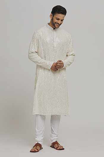 Buy White Cotton Embroidered Sequins Chaandi Kurta And Churidar Set For ...
