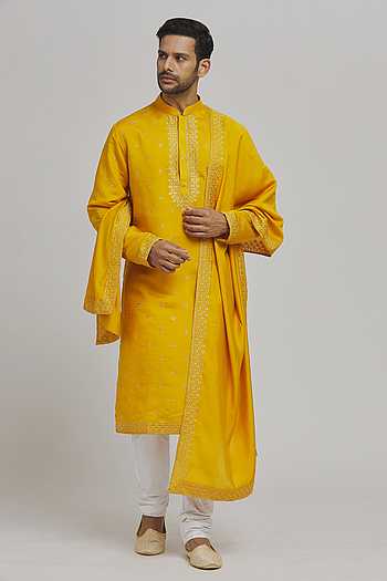 Buy Yellow Cotton Silk Blend Embroidered Sequins Riwaaz Kurta Set For ...