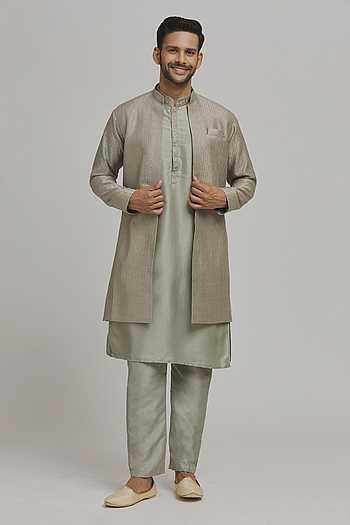 Buy Green Cotton Embroidered Thread Stripe Jacket Kurta Set For Men by ...