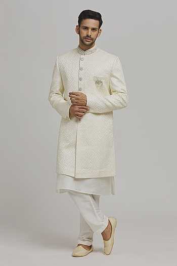 Buy White Cotton Embroidered Mahotsav Geometric Pattern Sherwani Pant ...