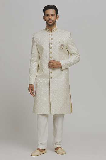 Buy White Cotton Embroidered Sequin Embellished Sherwani Set For Men by ...